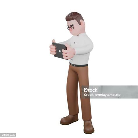 일러스트레이션 3d 남성 사회학자 한 남성 사회학자가 양손으로 태블릿을 들고 서 있다 만화 일러스트 디지털 태블릿 사용하기에 대한 스톡 사진 및 기타 이미지 Istock