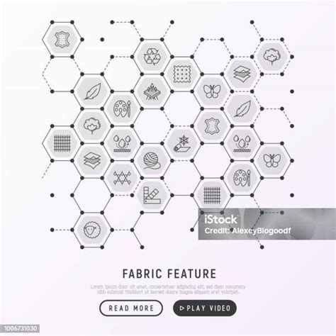 얇은 선 아이콘으로 넓어짐에 직물 기능 개념 가죽 섬유 면화 양모 방수 아크릴 실크 에코친화적인 소재 현대 벡터 일러스트 레이 션 웹 페이지 서식 파일 가벼운에 대한 스톡