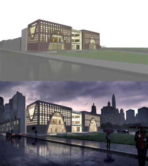 Two Renderings Of The Same Building At Different Times Of Day And Night Each With Its Own Light