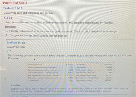 Solved Problem Set A Problem 18 1a Classifying Costs And