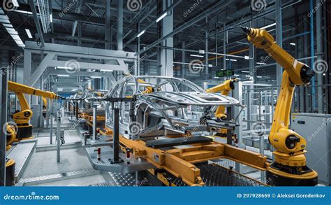 Car Factory 3d Concept Automated Robot Arm Assembly Line Manufacturing High Tech Green Energy