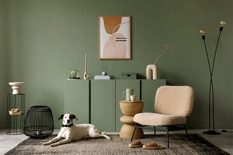 모형 포스터 프레임 현대적인 프로떼 안락 의자 나무 Commode 카펫에 누워 아름다운 개와 세련된 액세서리와 우아한 거실 인테리어 디자인 유칼립투스 벽 템플렛 공간을