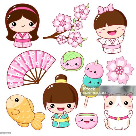Set Of Cute Icons In Kawaii Style Stock Illustration Download Image
