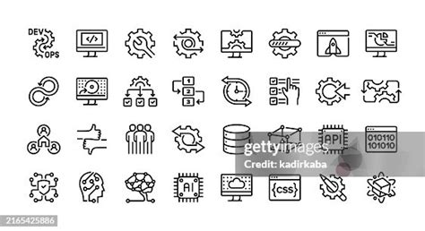 Devops Line Icon Set Group Of Object Programming Coding Software Deploy Efficiency Plan Process
