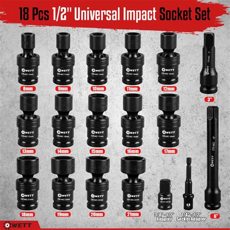 Wett 12 Drive Shallow Impact Universal Joint Socket Set
