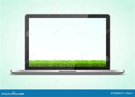 Laptop In Realistic Style With Shadow With Grass Background Royalty
