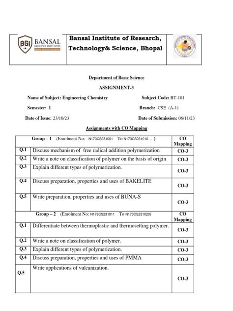 A1 Assignments 03 Bt 101 Pdf Polymers Polymerization