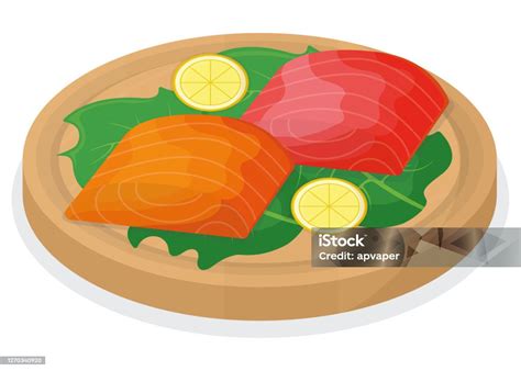 조각 생선 참치 연어 흰색 만화 벡터 일러스트에 고립 나무 부엌 보드에 신선한 스테이크 안심 건강한 지방 해산물 물건 아이콘 음식 개념에 대한 스톡 벡터 아트 및 기타