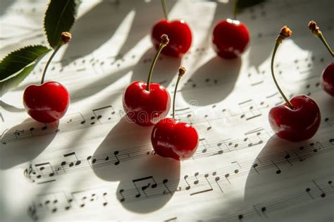 Fresh Cherries Lie On A Sheet Of Musical Notes The Vibrant Red Fruit