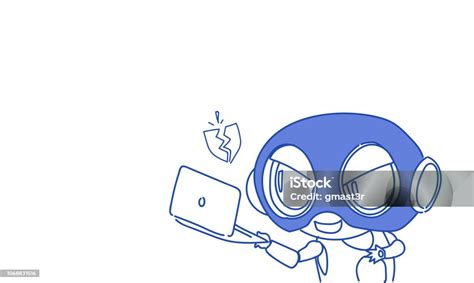 노트북 컴퓨터 해커 봇 데이터 도난 개념 스케치 낙서 수평 벡터 일러스트 레이 션을 해킹 하는 로봇 마스크 가상현실에 대한 스톡 벡터 아트 및 기타 이미지 Istock