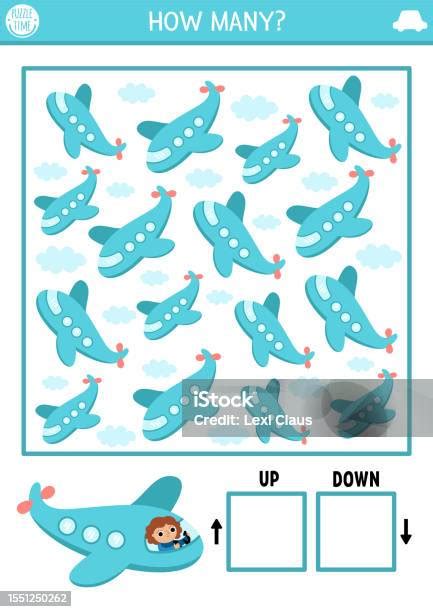 아이들을 위한 위아래 개념의 교통 논리 게임 나는 비행기로 활동을 검색하고 계산하는 것을 감시합니다 전송 인쇄 가능한 공간 방향