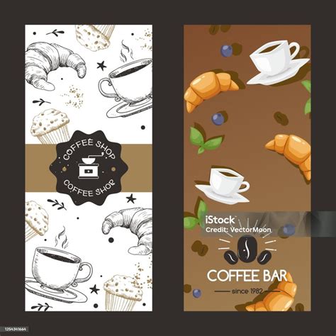 커피 숍과 바는 해부터 로고 벡터 일러스트 카페 전단지 세트 컵 머그컵 에 음료 크루아상 컵 케이크와 베리 광고에 대한 스톡 벡터 아트 및 기타 이미지 Istock