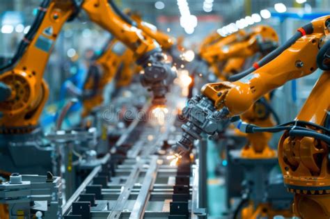 Automated Robotic Arms Assembling Products In Modern Factory Stock