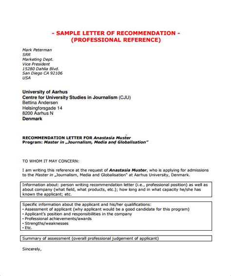 Professional Letter Of Recommendation Template Free
