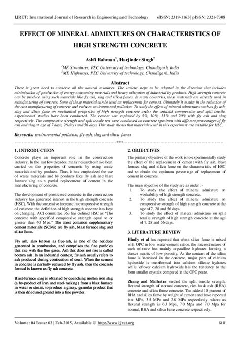 Pdf Effect Of Mineral Admixtures On Characteristics Of High Strength Concrete