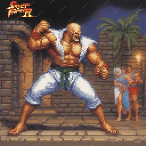 Pixel Art Masterpiece Of Street Fighter Ii Showcasing Classic Fighting