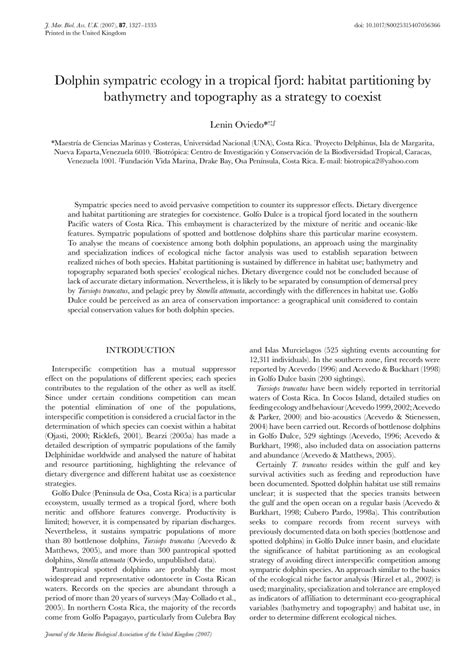 Pdf Dolphin Sympatric Ecology In A Tropical Fjord Habitat Partitioning By Bathymetry And