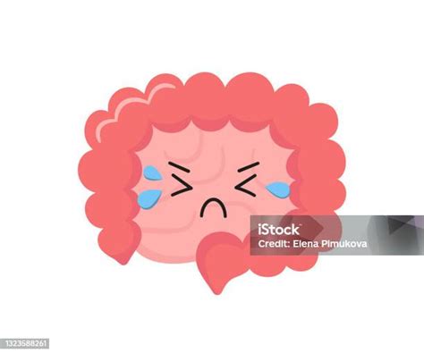 크고 작은 인간 장의 가와이화 건강에 해로운 울음 창자 캐릭터 대장 질환 Sibo 새는 장 증후군 암 또는 칸디다 성장 흰색 배경에 격리된 벡터 그림 개념에 대한 스톡 벡터