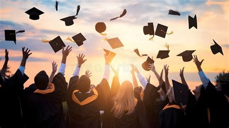 Graduates Celebrate Success With Caps Flying High At Sunset Stock