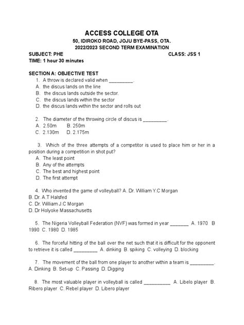 Jss 1 Second Term Exam Questions Access College Ota Pdf Association
