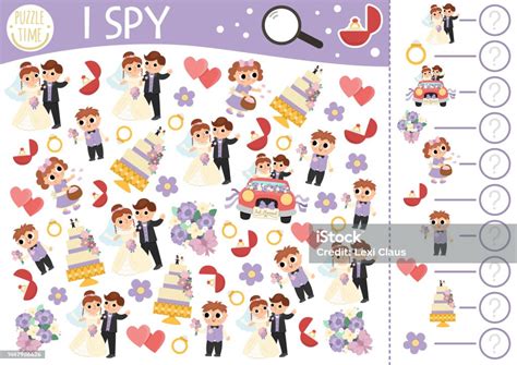 결혼식 나는 아이들을위한 스파이 게임 기호로 활동을 검색하고 계산합니다 결혼식 인쇄 가능한 워크시트 신부 신랑 신혼 여행 차 케이크와 간단한 스포팅 퍼즐 결혼식에 대한 스톡