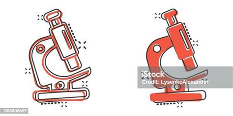 코믹 스타일의 현미경 아이콘 격리 된 배경에 실험실 돋보기 만화 벡터 그림 생물학 악기 스플래시 효과 사인 비즈니스 개념 건강관리와 의술에 대한 스톡 벡터 아트 및 기타