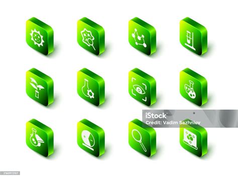 돋보기 화학식 시험관 플라스크 아래에 미생물을 설정하고 독성 액체 눈 스캔 돋보기 및 원자 아이콘을 사용합니다 벡터 3차원