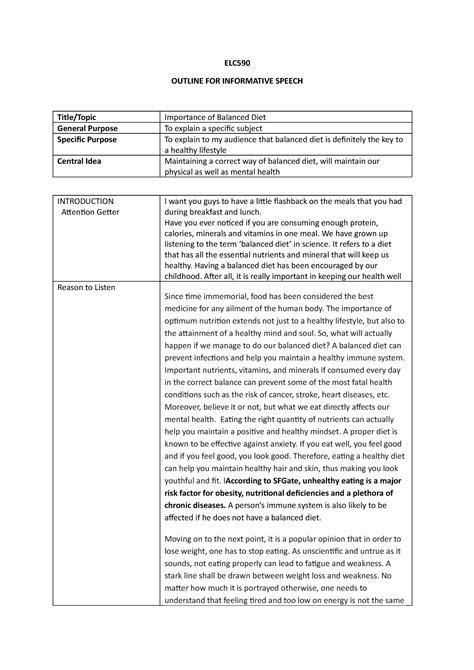 Informative Speech Elc ELC OUTLINE FOR INFORMATIVE SPEECH Title Topic Importance Of Balanced