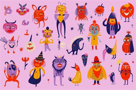 Vibrant Strange Ugly Halloween Characters Cute Bizarre Comic Characters In Modern Flat Hand