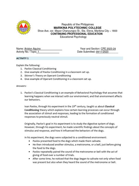 Cpe Activity 1 Chapter 1 Pdf Classical Conditioning Reinforcement