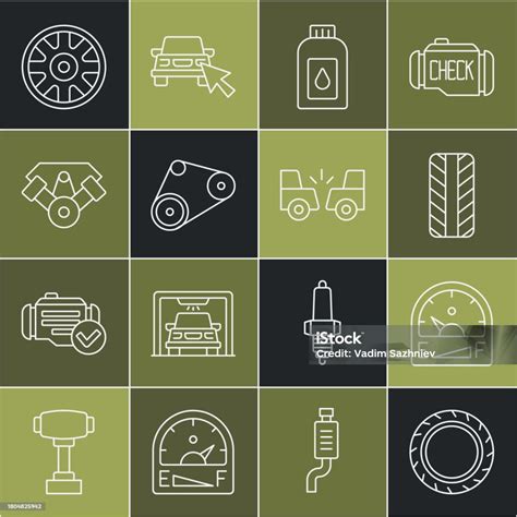 세트 라인 자동차 타이어 휠 모터 가스 게이지 모터 기계 오일 용 캐니스터 타이밍 벨트 키트 파워 카 엔진 합금 및 사고 아이콘 벡터 아이콘에 대한 스톡 벡터 아트 및 기타