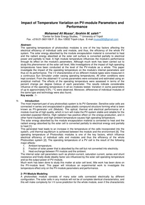 Pdf Impact Of Temperature Variation On Pv Module Parameters And
