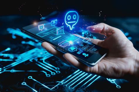 Hand Presenting Smartphone With Illuminated Ai Chatbot Interface And Digital Circuit Board Stock