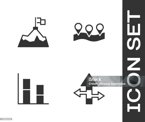 화살표 플래그 그래프 차트 다이어그램 및 위치 아이콘이 있는 산을 설정합니다 벡터 개념에 대한 스톡 벡터 아트 및 기타 이미지 개념 경쟁 과녁 Istock