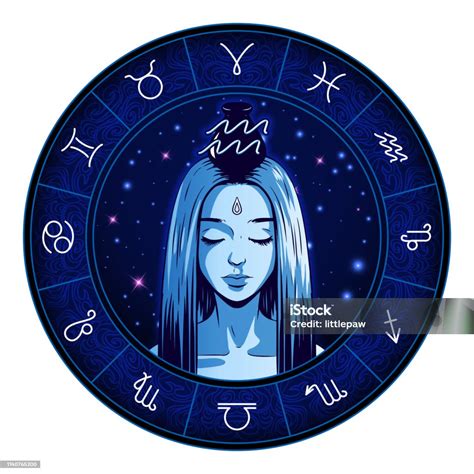 물병자리 조디악 기호 작품 아름 다운 소녀 얼굴 별자리 기호 스타 기호 벡터 일러스트 레이 션 점성술에 대한 스톡 벡터 아트 및