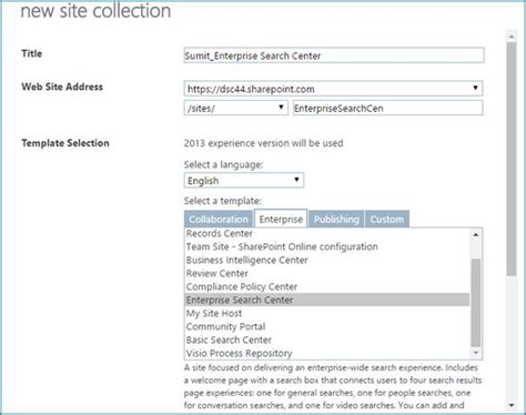 Create An Enterprise Search Center Site Collection In Office 365