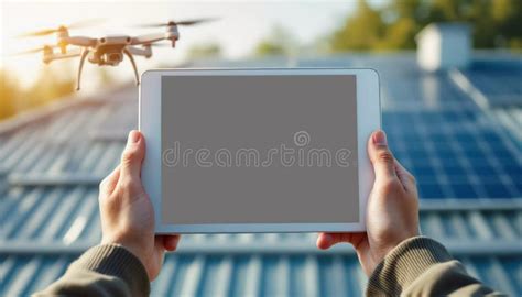 Aerial Inspection Of Solar Panels With A Tablet And Flying Camera Drone