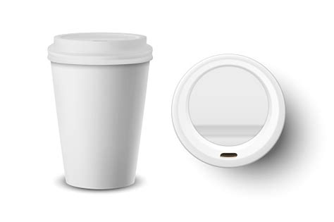 벡터 3d 현실적인 흰색 일회용 폐쇄 종이 흰색 뚜껑 설정 닫닫기 설정 음료에 대 한 플라스틱 커피 컵 흰색 배경에 격리 디자인 템플릿 모형 상단 및 전면 뷰 3차원 형태에