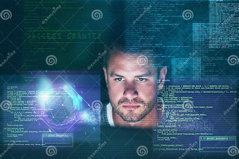 Night Hologram And Man With Focus Programmer And Code With Software