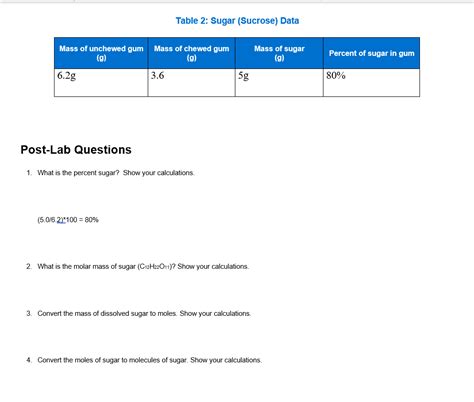 solved table 2 sugar sucrose data post lab questions 1