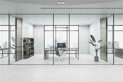 가구와 콘크리트 바닥이 있는 현대적인 유리 사무실 복도 3d 렌더링 프리미엄 사진