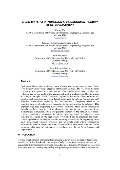 Pdf Multi Criteria Optimization Applications In Highway Asset Management