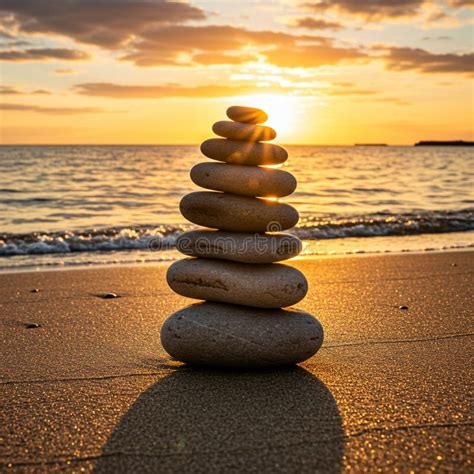 A Stack Of Smooth Oval Shaped Pebbles Is Balanced On A Sandy Beach Stock Illustration
