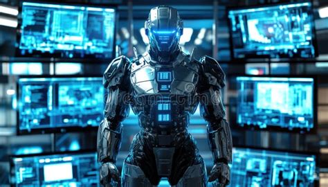 Powerful Robot Guarding Control Room With Multiple Screens Showing Data Analysis Stock Image