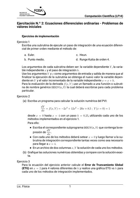 Practica Práctica cálculo numérico con python Ejercitación N º Ecuaciones diferenciales