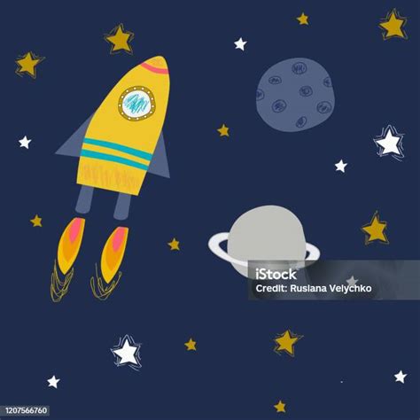 공간별 벡터 일러스트레이션 로켓이 있는 우주 별 아이 만화 스타일의 파란색 배경에 있는 행성 프린트 또는 포스터 디자인 티셔츠 프린트 아이들은 패션 디자인을 착용 0명에