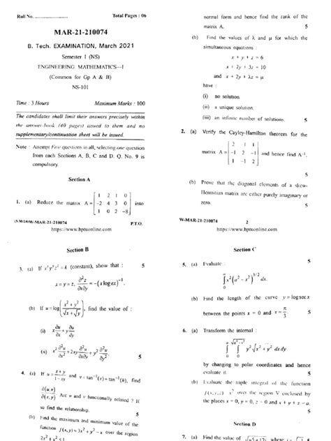Btech 1 Sem Engineering Mathematics 1 210074 Mar 2021 Pdf