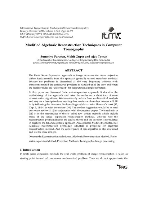 Pdf Modified Algebraic Reconstruction Techniques In Computer Tomography