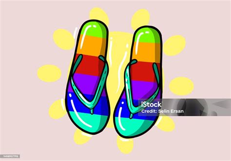 해변 휴가 디자인을 위해 손으로 그린 화려한 여름 플립 플롭 샌들 비치는 화려합니다 플립 플롭 관광에 대한 스톡 벡터 아트 및