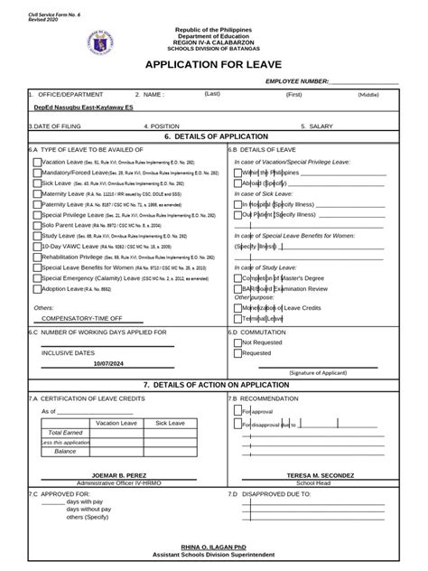 Cs Form No 6 Revised 2020 Application For Leave Fillable 2024 Teaching